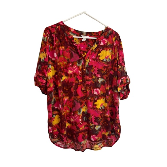 intro. | Tops | Intro Red Floral Watercolor Henley V Neck Popover Top ...